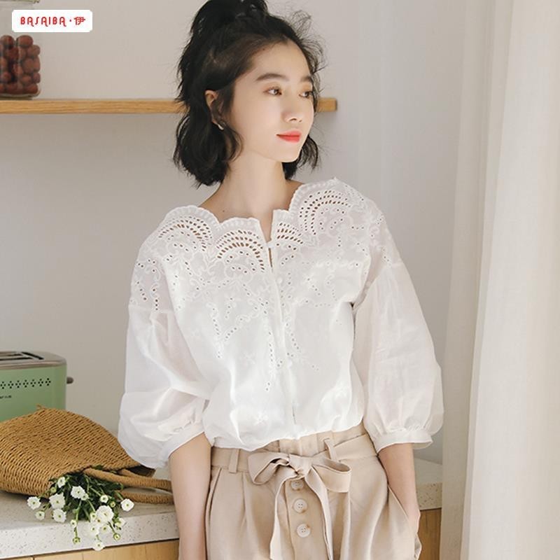 Jual Kemeja Atasan Berongga untuk Wanita, Atasan Lengan Puff Peri Off ...