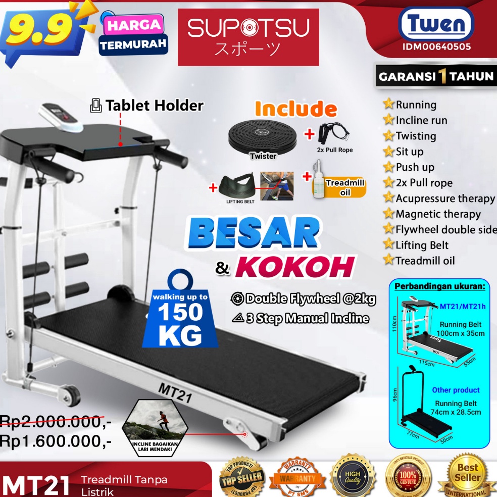 Jual TERBARU Twen MT21 MT28 MT31 MT38 Treadmill Manual Multifungsi ...