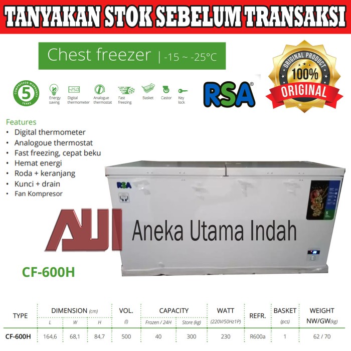 Jual RSA CF-600 CHEST FREEZER 600 LT LITER / FREEZER BOX RSA CF600 / CF ...