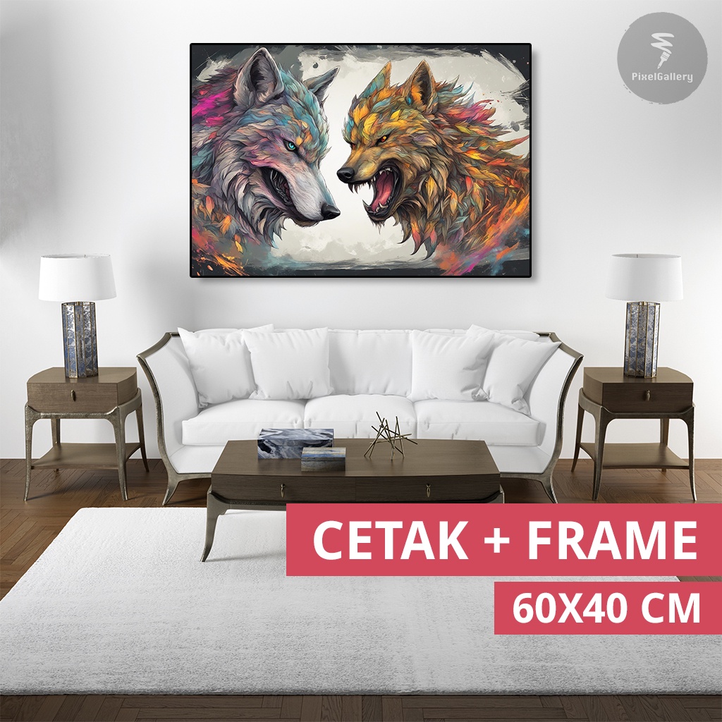 Jual Lukisan SUPERJUMBO 60X40 Fantasi Serigala Bertarung Hiasan Dinding ...