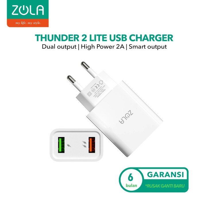 Jual zola thunder 2s charger dual ports usb output 10w, fast charging 2 ...