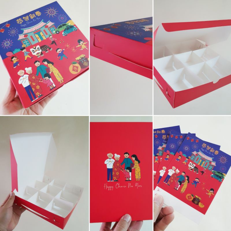 Jual 10 pcs dus box merah biru imlek gong xi fa cai sekat 9 size 7.3 cm ...