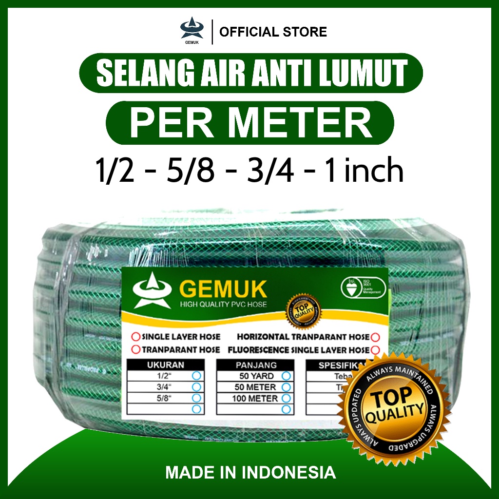 Jual GEMUK Selang Air 1/2 5/8 3/4 1 Inch Permeter Selang Benang Anti Lumut Hijau Selang Kebun ...
