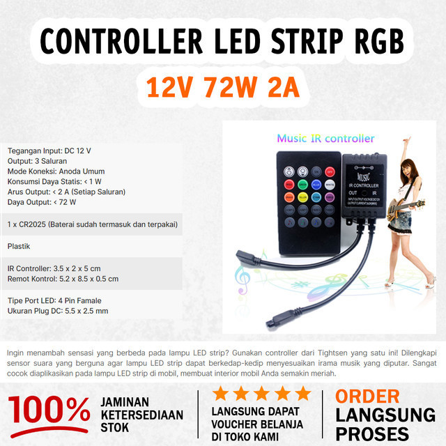 Jual Controller Lampu LED Strip | Sensor Suara Music + Remote Control ...
