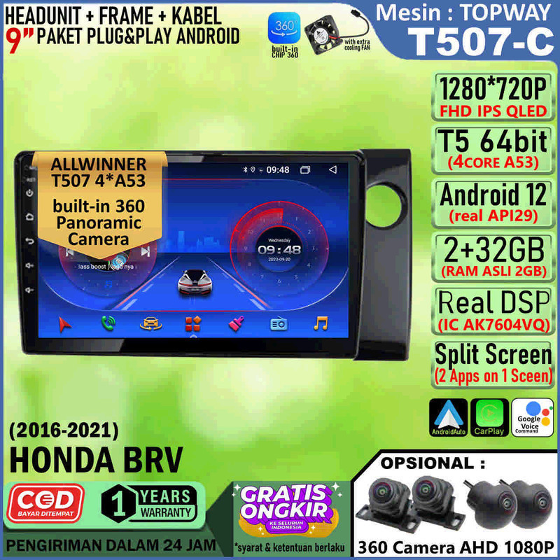 Jual Headunit Android T5 360 RAM 2/32GB + Frame 9 inch Honda BRV BR-V ...