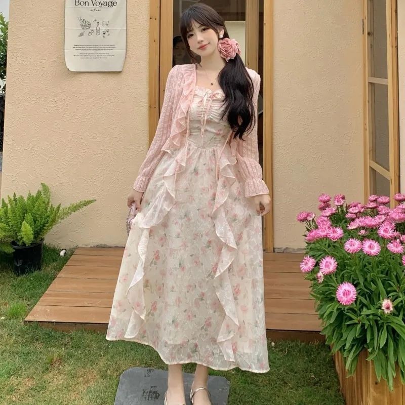 Jual Floral Slip Dress Women/Ruffled Cardigan/Waist-Tight Long Dress ...