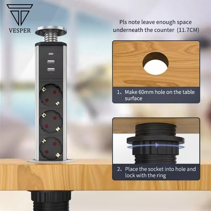 Jual Pull Up Stand Socket 3Slot + Usb Type A + Type C Stop Kontak ...