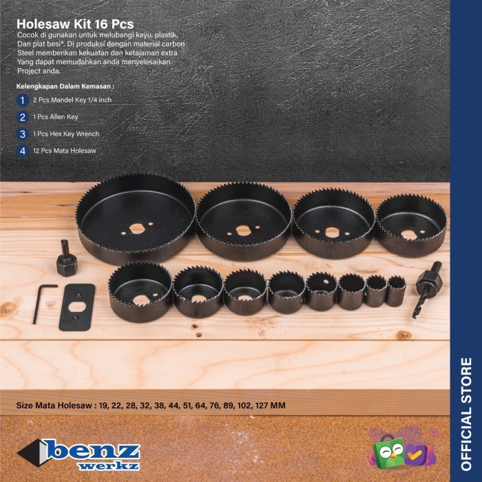 Jual Holesaw Kit Set 16 Pcs / Mata Bor Kayu Plong Hss Benz Werkz ...