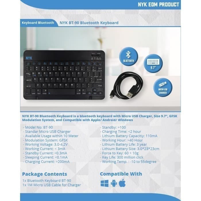 Jual Keyboard Bluetooth Mini Nyk Bt90 Bt-90 / Keyboard Wireless ...