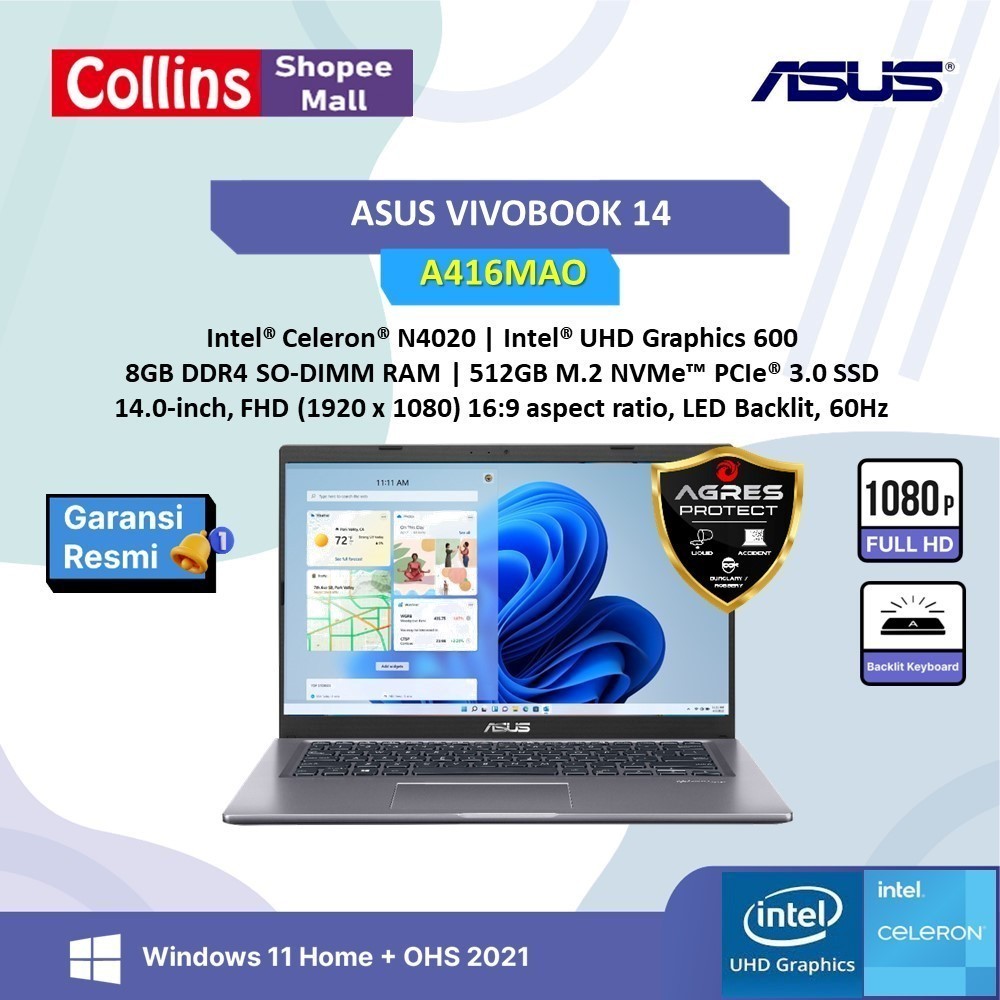 Jual ASUS VIVOBOOK 14 A416MAO N4020 DDR4 8GB SSD 512GB 14" FHD INTEL HD ...