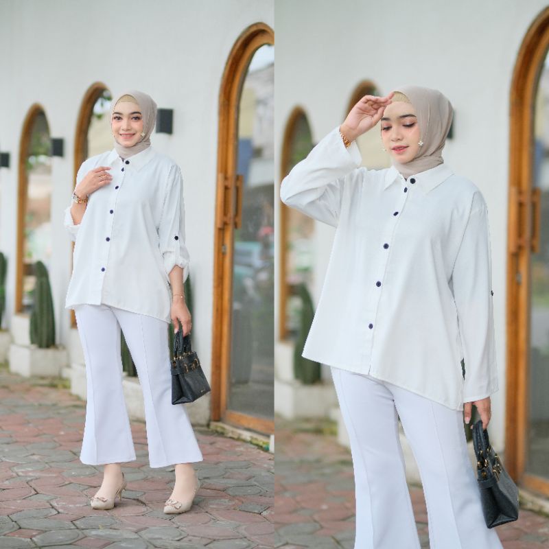 Jual Kemeja Putih wanita model lengan skoder atasan Kemeja Wanita jumbo ...