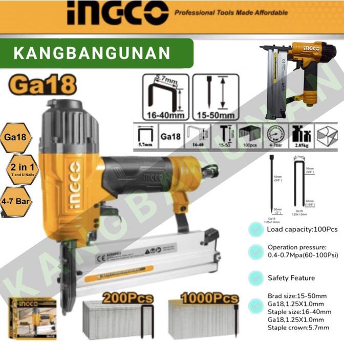 Jual 2-In-1 Combo Air Brad Nailer Ingco Acn50401 Staples Paku Tembak ...