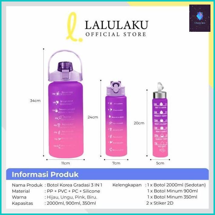Jual Urbanite store Botol Minum Gradasi Viral Botol Motivasi Beranak 3in1Korea 2L+1L+500ml ...