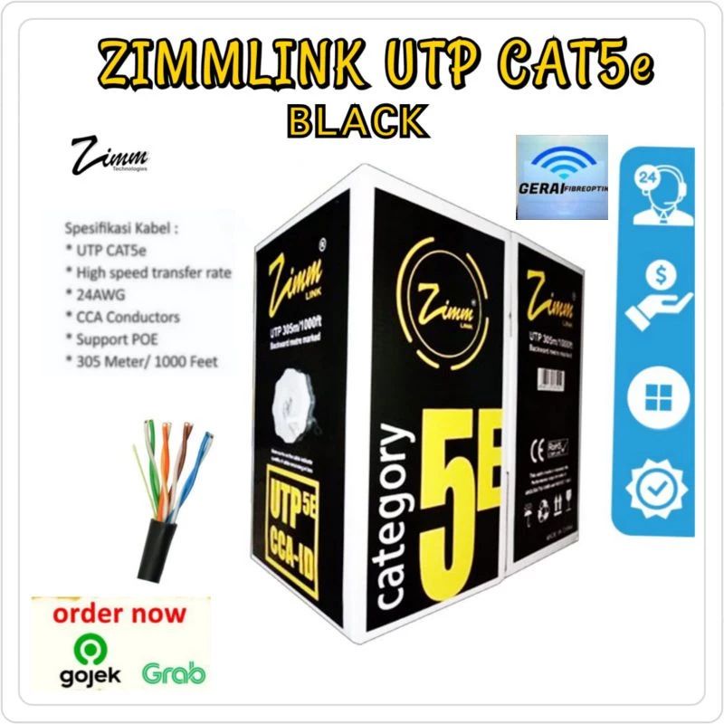 Jual Kabel LAN UTPCat 5e CCA Zimmlink HITAM Meteran/Eceran siap pakai ...