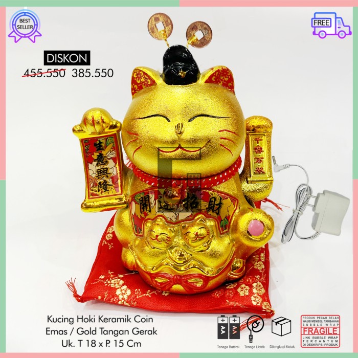 Jual Patung Kucing Hoki Rejeki Maneki Neko Lucky Cat Keramik Gold Emas ...