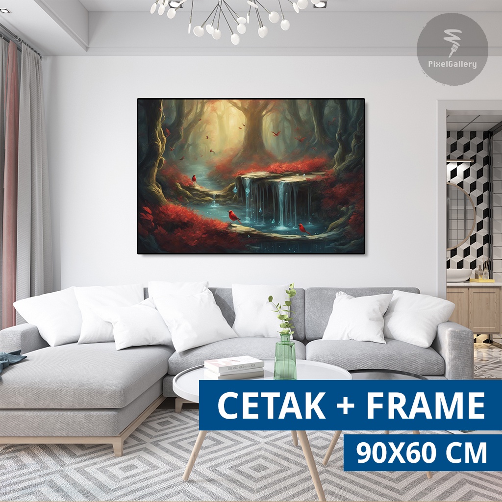 Jual Lukisan MEGAJUMBO 90X60 Air Terjun dan Burung Surga II Hiasan ...