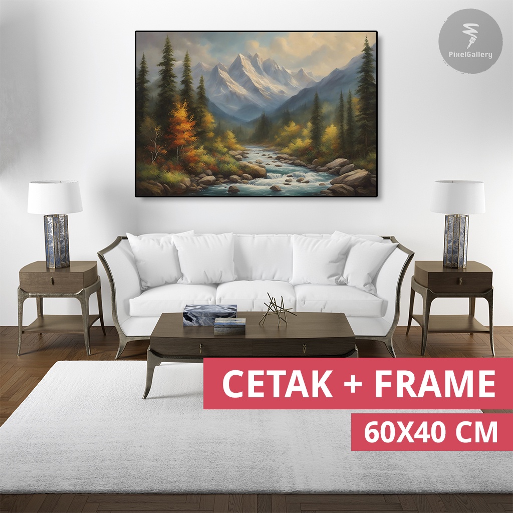Jual Lukisan SUPERJUMBO 60X40 Pemandangan Aliran Sungai Hiasan Dinding ...