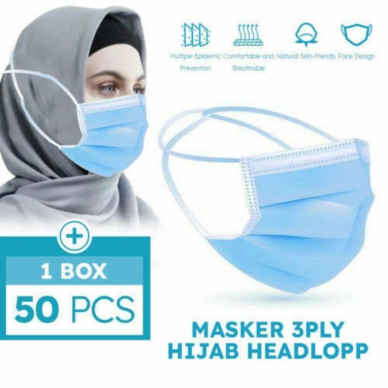Jual Masker Headloop Hijab 3Ply Face Mask anti Debu Virus isi 50 Pcs ...