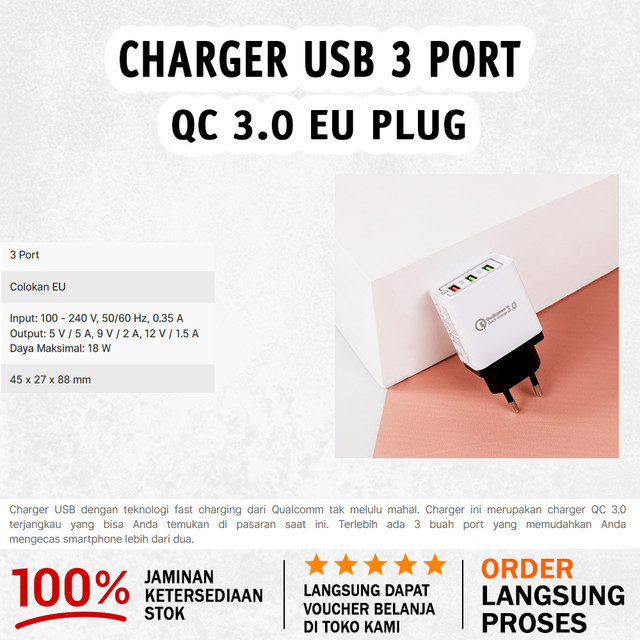 Jual Kepala Charger HP USB 3 Port Qualcomm QC 3.0 EU Plug - Color Black ...