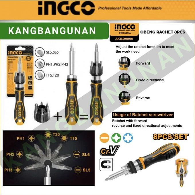 Jual Obeng Rachet Gagang Karet Screwdriver Set 8pcs INGCO AKISD0808 | Shopee Indonesia