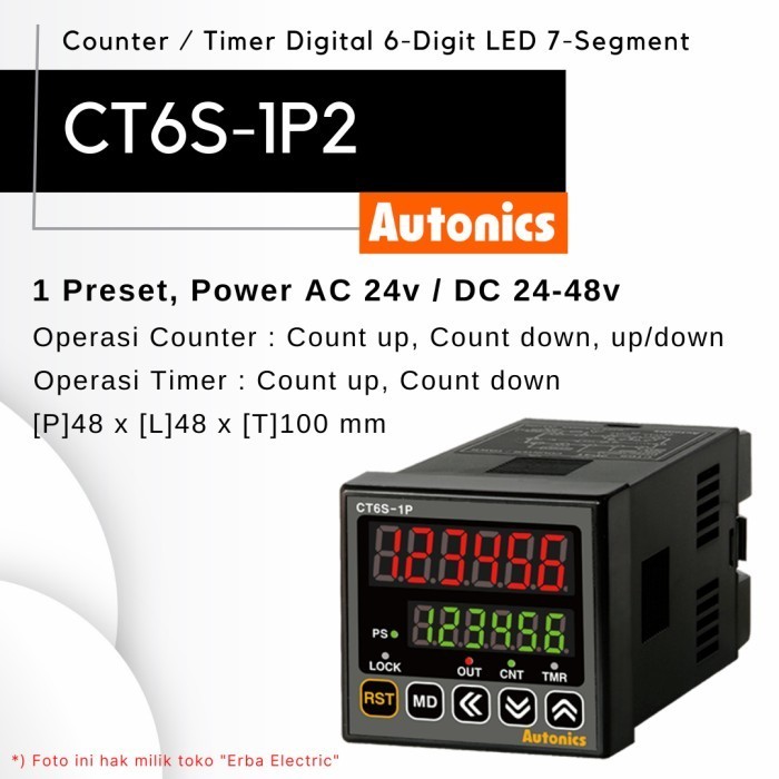 Jual Autonics CT6S-1P2 24v AC DC Counter Timer Digital 6 Digit 1 Preset ...