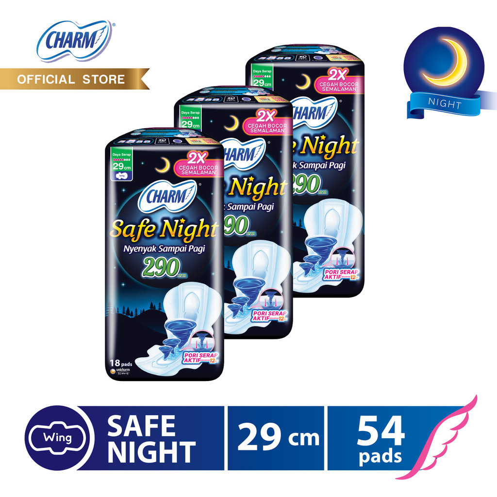 Jual Charm Pembalut Safe Night 29cm Wing 18 pads - 3 Packs | Shopee ...