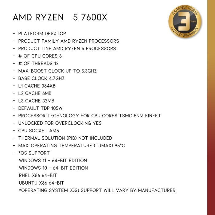 Jual Amd Ryzen 5 7600X Desktop Processor Ryzen 5 7000 Series 6Core Am5 ...