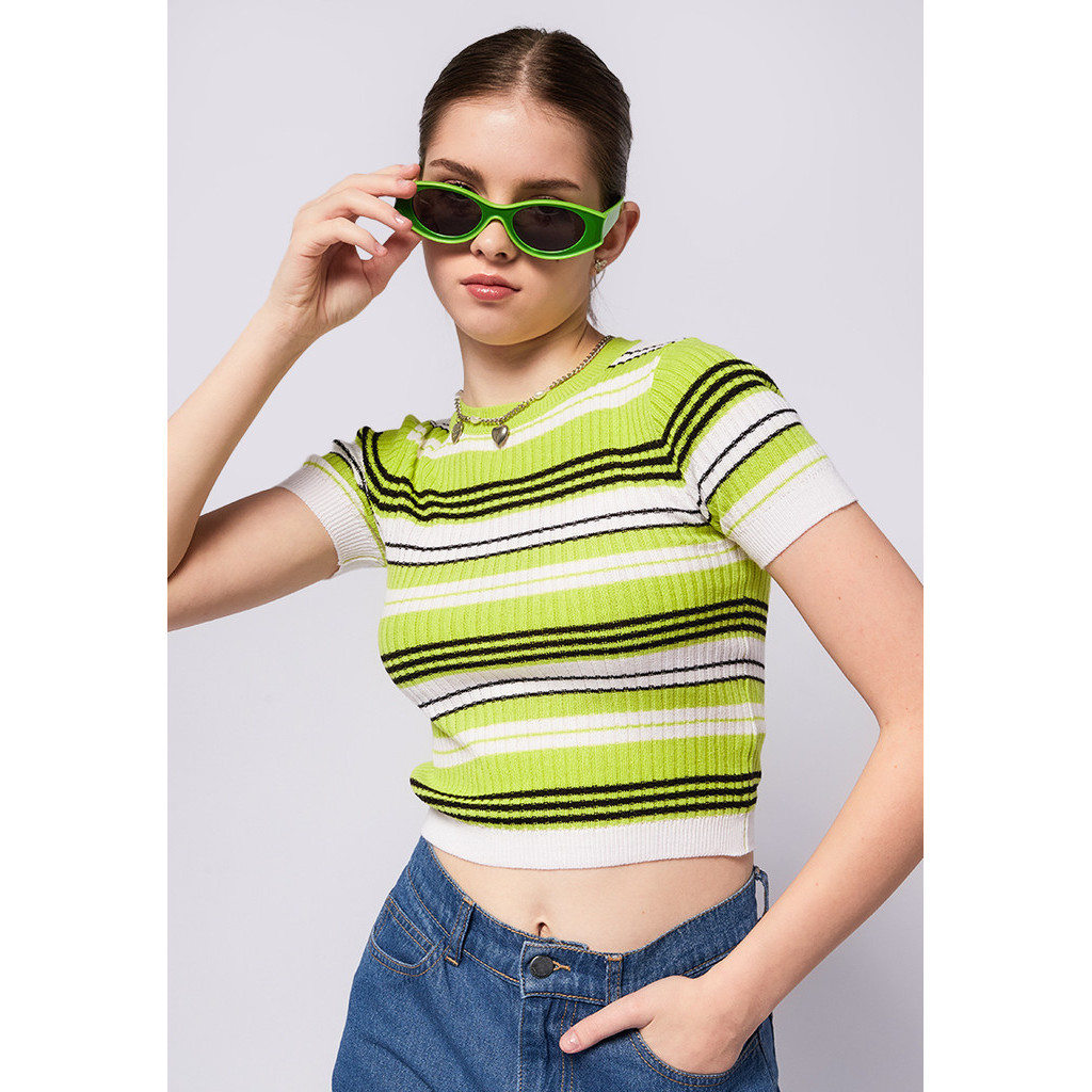 Jual COLORBOX Retro Striped Short Sleeve Top Lime | Shopee Indonesia