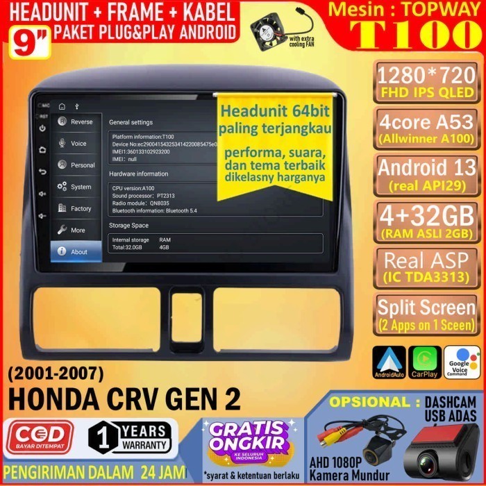 Jual Paket Headunit Android 9 inch + Frame + Soket PNP Honda CRV Gen 2 ...