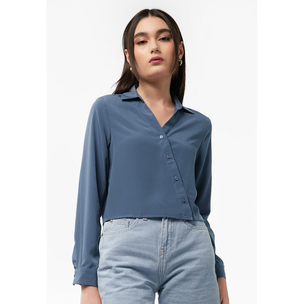 Jual COLORBOX Long Sleeve Satin Crop Shirt Navy | Shopee Indonesia