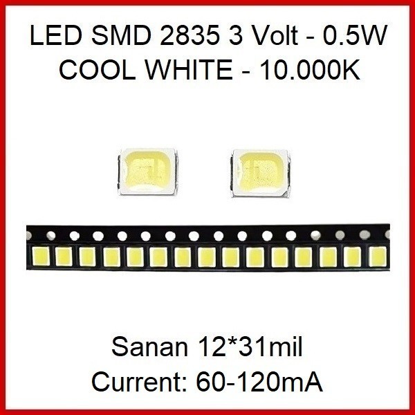 Jual Led SMD 2835 3V 0.5W 130mA Sanan 12*31mil Cool White 10.000K ...