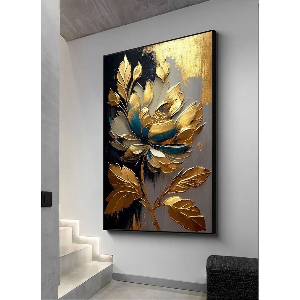 Jual Lukisan Bunga Mawar Gold Berdiri Teksture Tebal Modern art Estetik ...