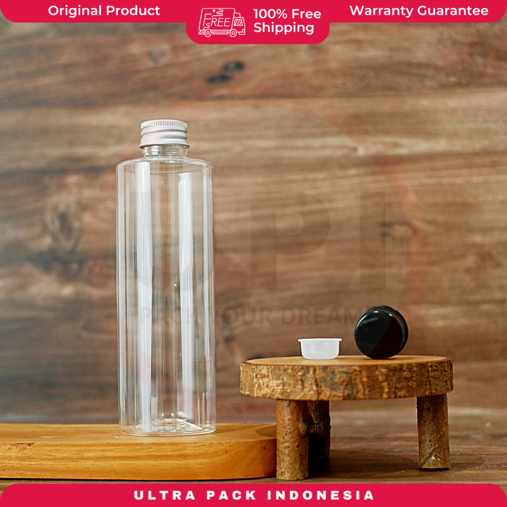 Jual KEMASAN MINUMAN BOTOL FOOD GRADE - PET RF 250ML CLEAR + PLUG SUMBAT + TUTUP ULIR ALUMINIUM ...