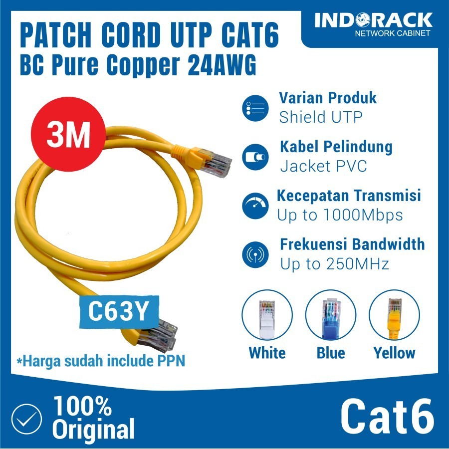 Jual Kabel Lan 3Meter Patch Cord Cat6 UTP Ethernet Patch Cord Cable KUNING | Shopee Indonesia