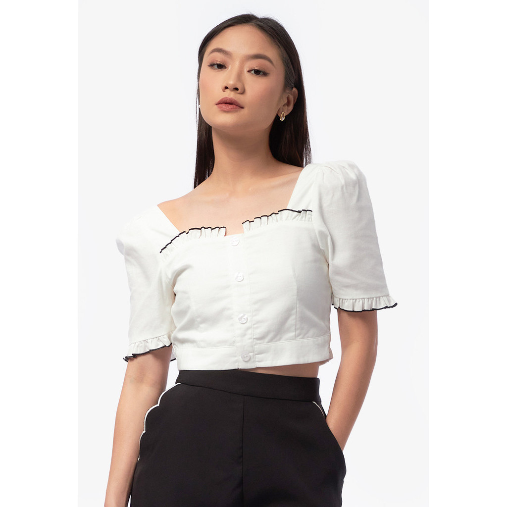 Jual COLORBOX Ruffle Trim Crop Top Off White | Shopee Indonesia
