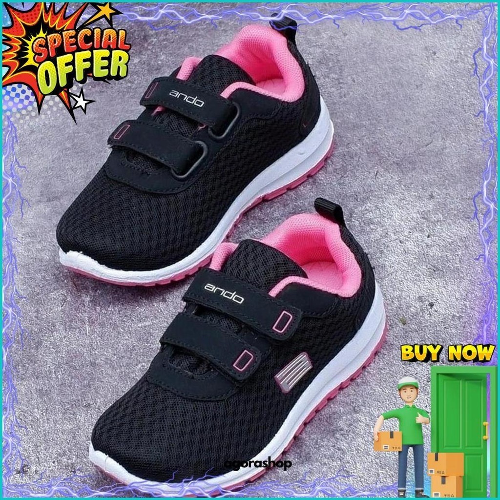 Jual (New) Sepatu Sekolah Anak Perempuan Ando Zora Hitam Pink Paud Tk Sd Kets Perekat (Ready|Cod ...