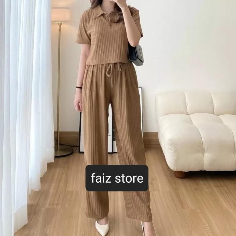Jual It34 oneset knit polo celana panjang set rib knit premium setelan knit wanita atasan crop ...