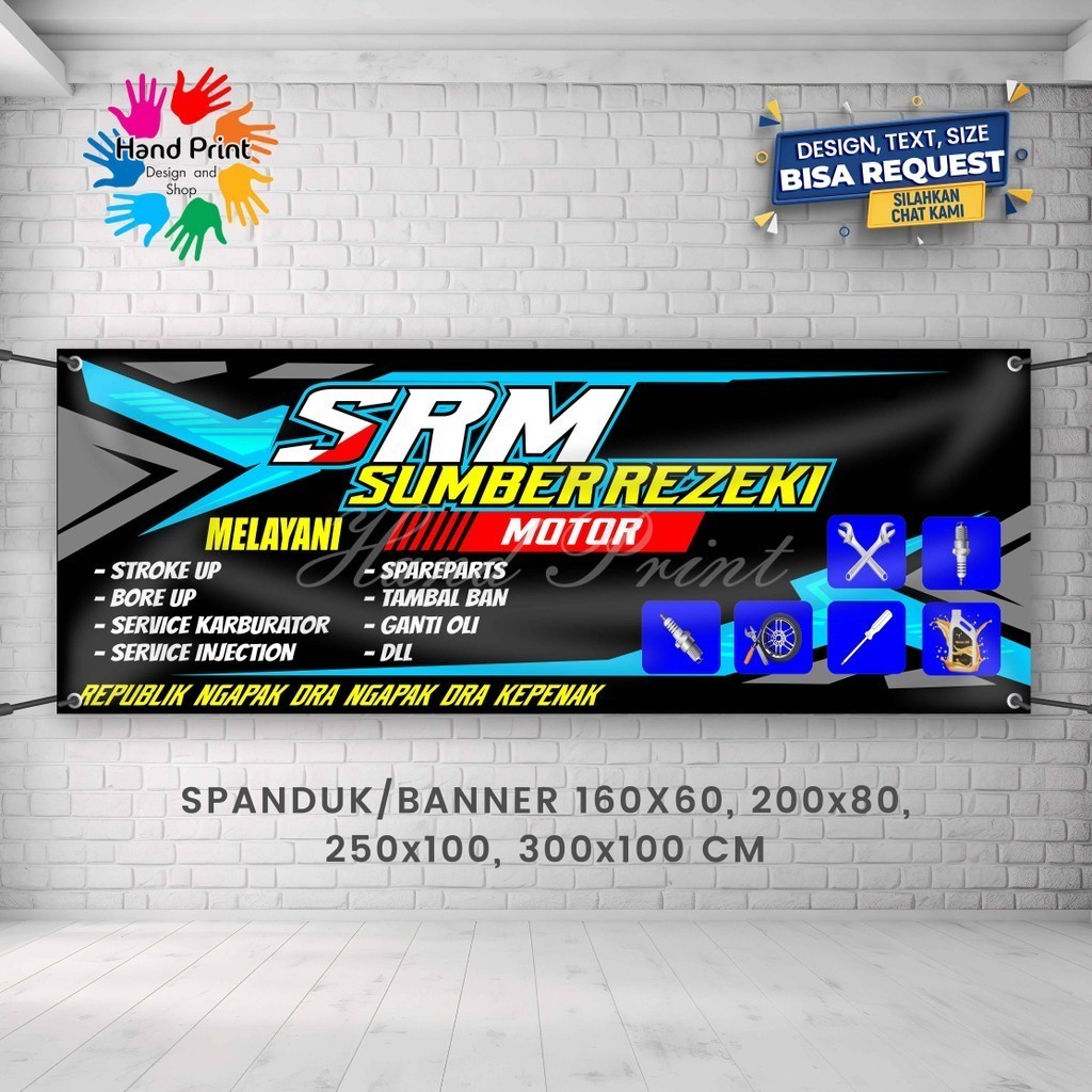 Jual Cetak Spanduk Banner Bengkel Perbaiki Motor Biru Hitam MMT Spanduk ...