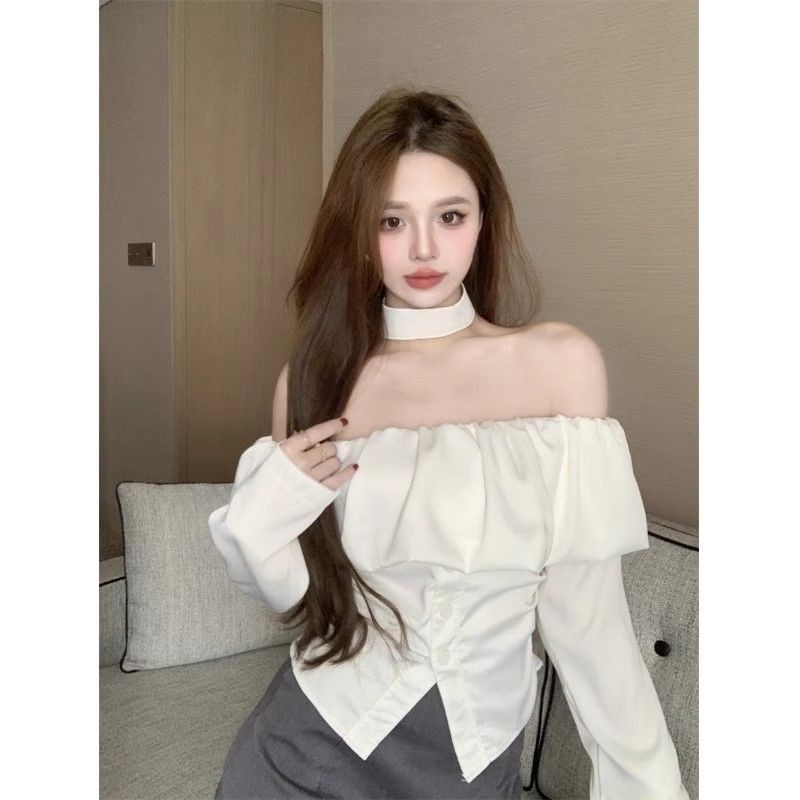 Jual 【Cream Winnie】Kemeja celah renda off-shoulder satu bahu wanita ...