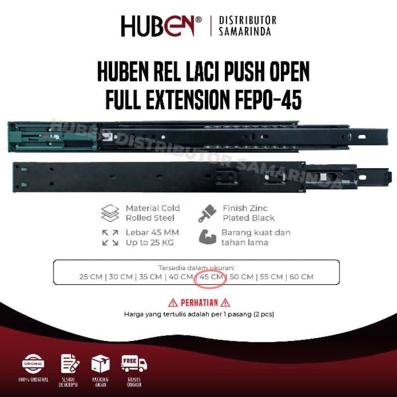 Jual (ISI 2) HUBEN FEPO45 Rel Laci Double Track Full Extension Push Open Ball Bearing Ukuran ...