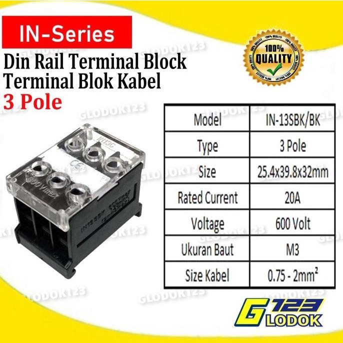 Jual Terminal Block Blok Din Rail Kaca 3 Pole Pin Kabel 20A 600V IN ...
