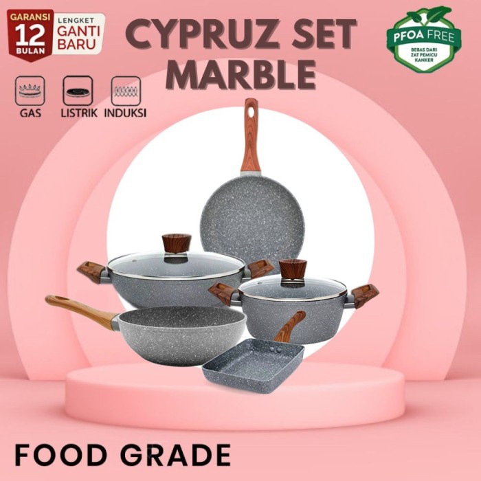 Jual [Baru] Cookware Cypruz Cyprus Pan Set Marble 5 Pcs Panci Wajan ...