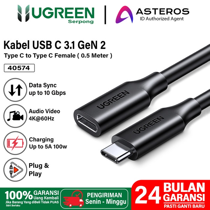 Jual KABEL EXTENSION UGREEN TYPE C MALE TO TYPE C FEMALE CABLE 50CM ...