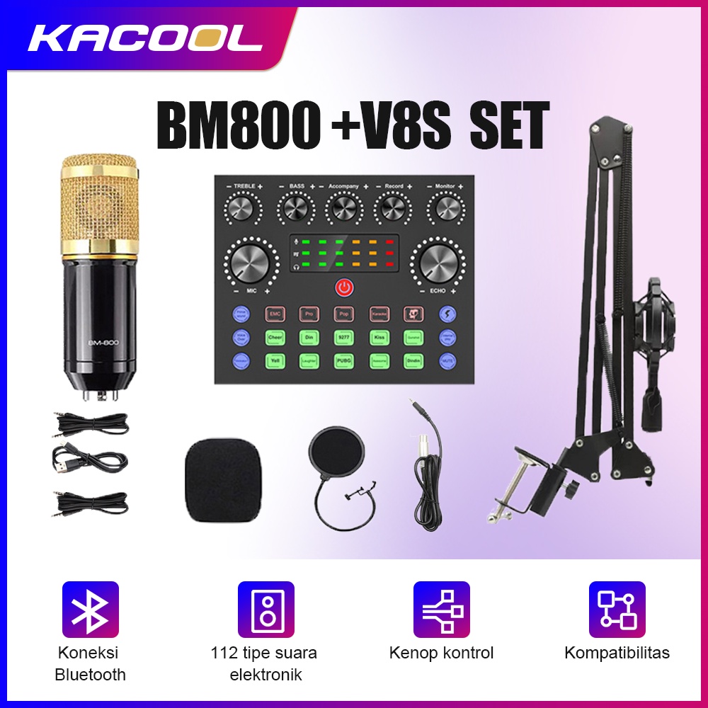 Jual BM800 Condenser Microphone + V8S Soundcard Set BM800 Live Microphone Mobile Computer Live ...