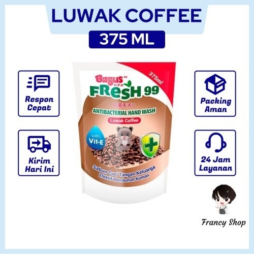 Jual Bagus Fresh 99 Hand Wash Luwak Coffee Sabun Cuci Tangan Pouch 375 ...