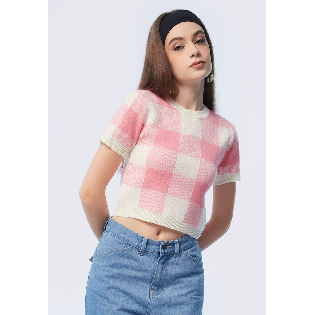 Jual COLORBOX Short Sleeve Gingham Knit Top Lt. Pink | Shopee Indonesia