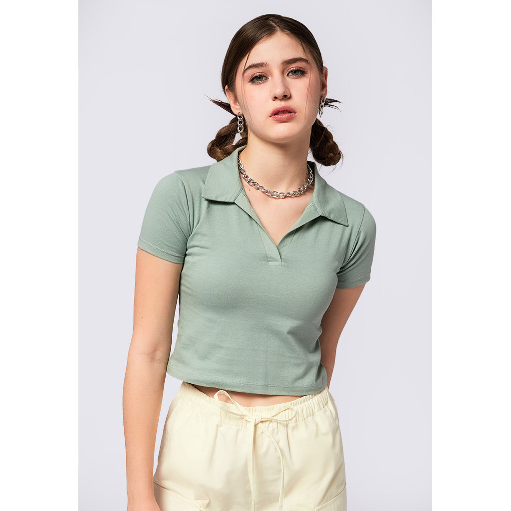 Jual COLORBOX V-Neck Polo Crop Top Tosca | Shopee Indonesia