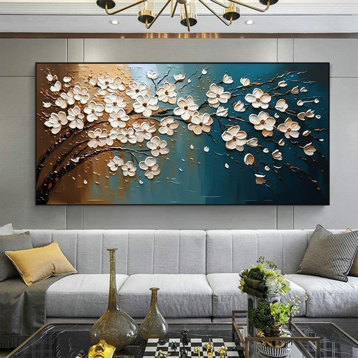 Jual Lukisan Bunga Mawar Background Biru Gold Teksture Modern art ...