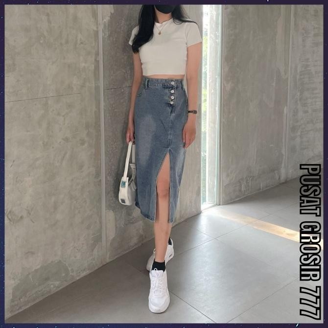 Jual PG777 Rok Panjang Slit Belah Kancing 4 Denim Skirt FNR 15 E82T ...