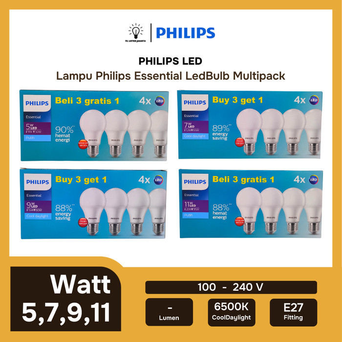 Jual Lampu Bohlam Philips Essential LED Bulb Multipack 5W 7W 9W 11W Pack | Shopee Indonesia